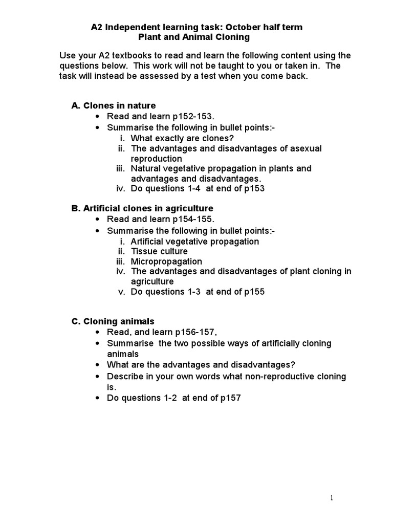 A2 Task: Plant & Animal Cloning Study | PDF