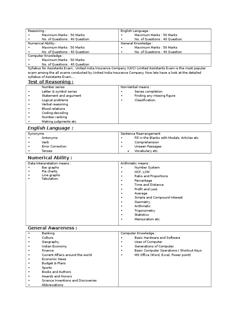 UIIC Assistants Exam Syllabus Overview | PDF