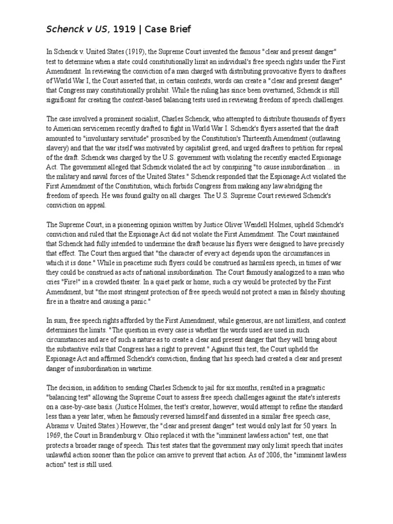 Schenck V Us | PDF | First Amendment To The United States Constitution ...