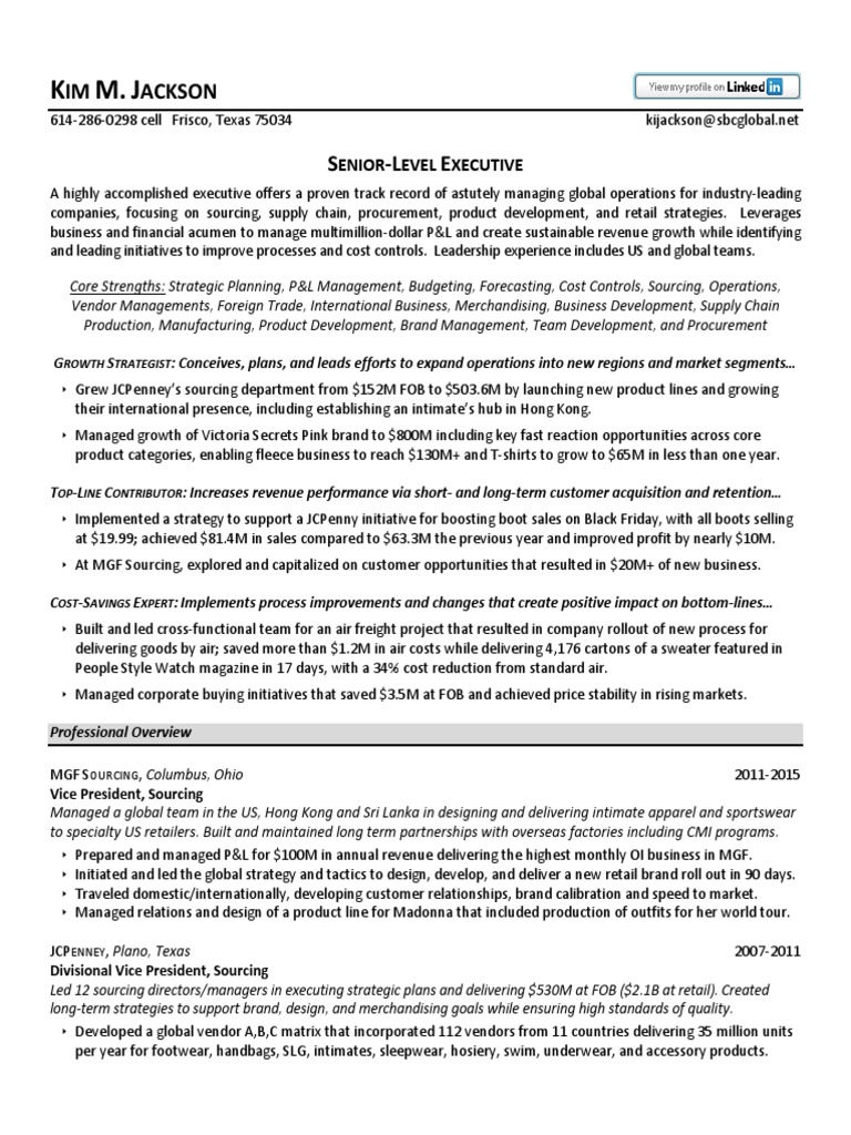 VP Sourcing Strategy Operations in Dallas FT Worth TX Resume Kim ...