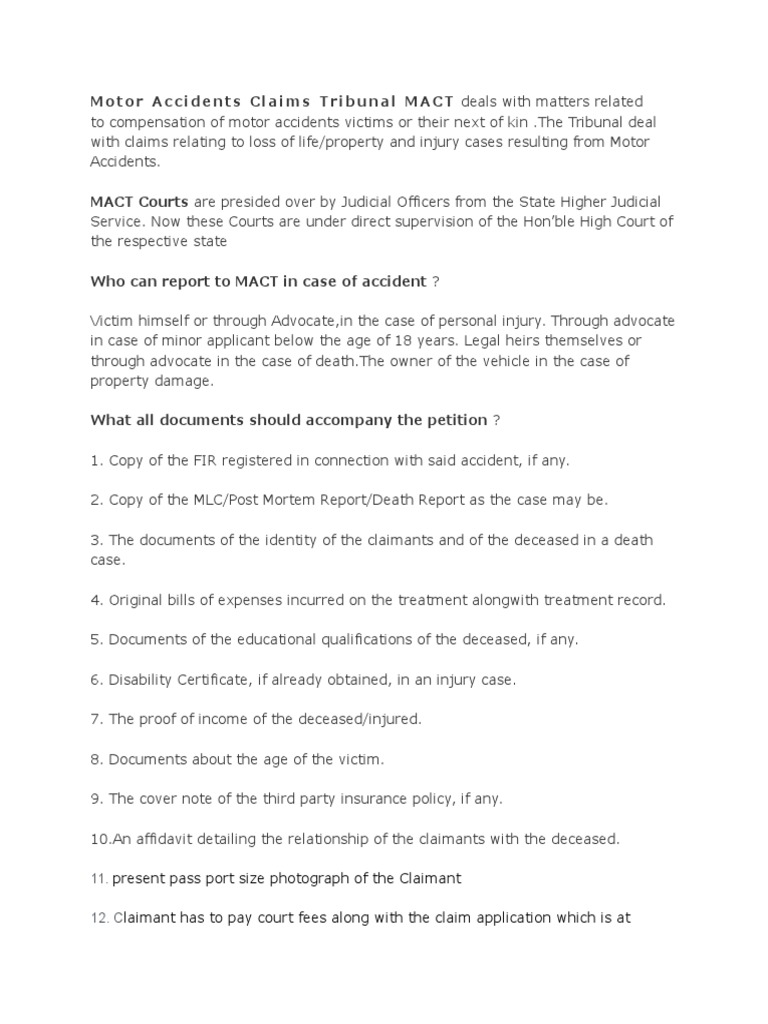 MACT Procedures for Motor Accident Claims | PDF | Strict Liability ...