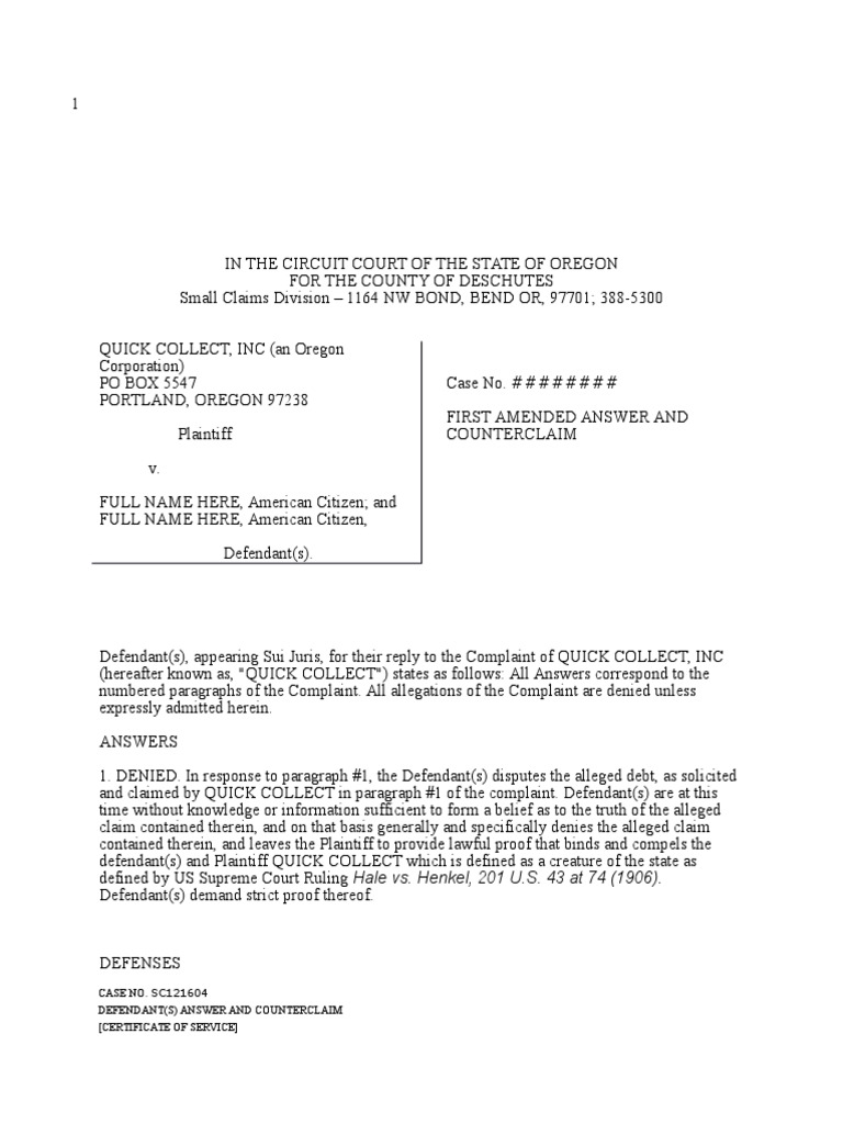 Answer and Counterclaim - (If Being Sued) | PDF | Assignment (Law ...