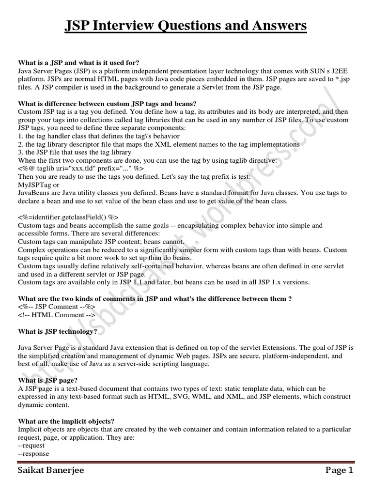 JSP Interview Questions and Answers | PDF | Java Server Pages | Java ...