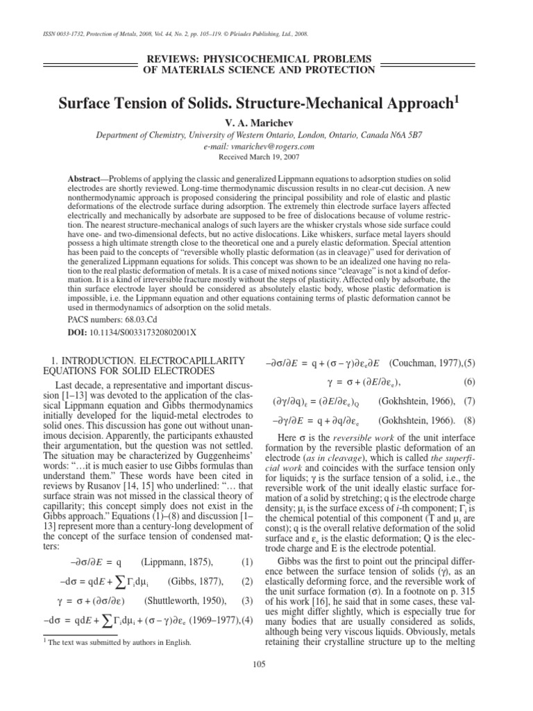 Surface Tension of Solids. Structure-Mechanical Approach PDF | PDF ...