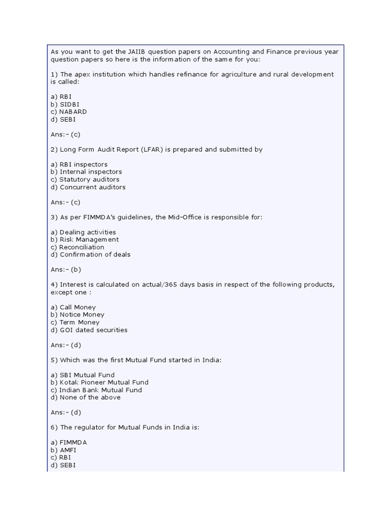 JAIIB Question Papers On Accounting and Finance Previous Year Question ...