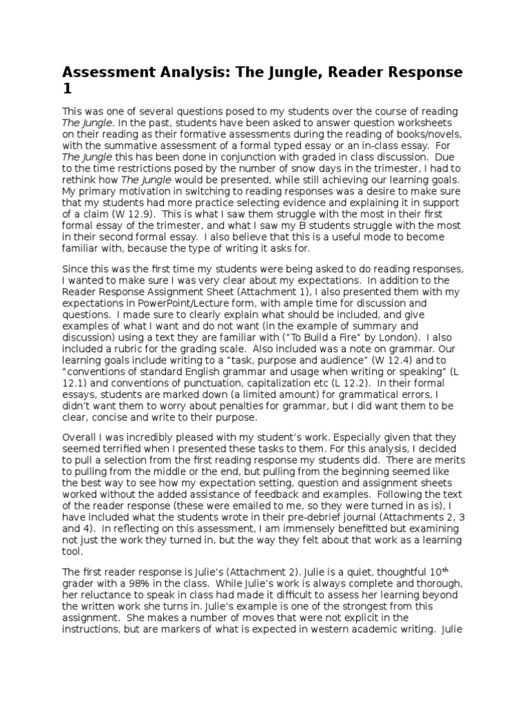 The Jungle Reader Response Analysis | PDF | Educational Assessment ...