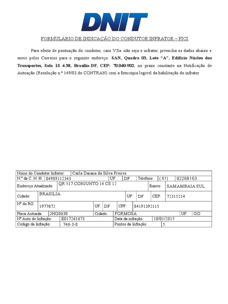 Formulário para indicação do condutor infrator e responsabilização pela ... Formulário para indicação do condutor infrator e responsabilização pela ...