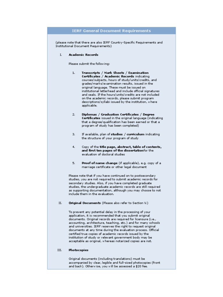 IERF General Document Requirements | PDF | Academic Certificate ...