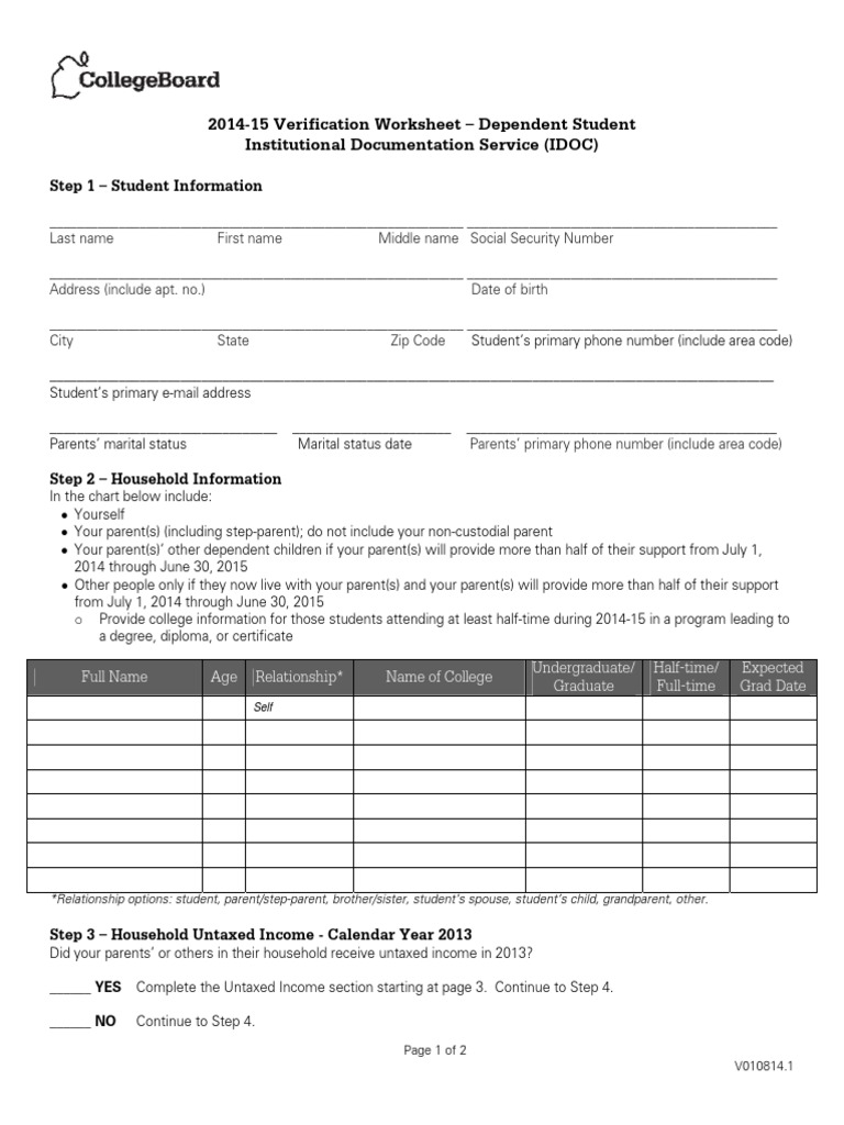 2014-15 Verification Worksheet - Dependent Student Institutional Documentation Service (IDOC ...