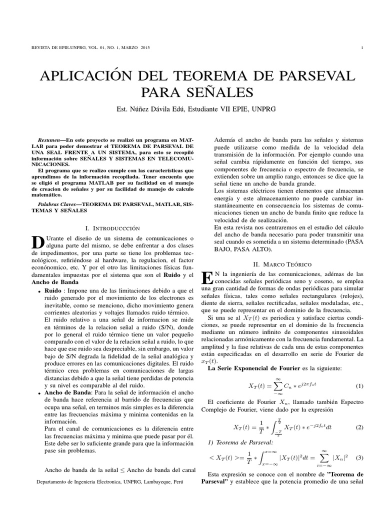 Teorema de Parseval | PDF | Densidad espectral | Series de Fourier