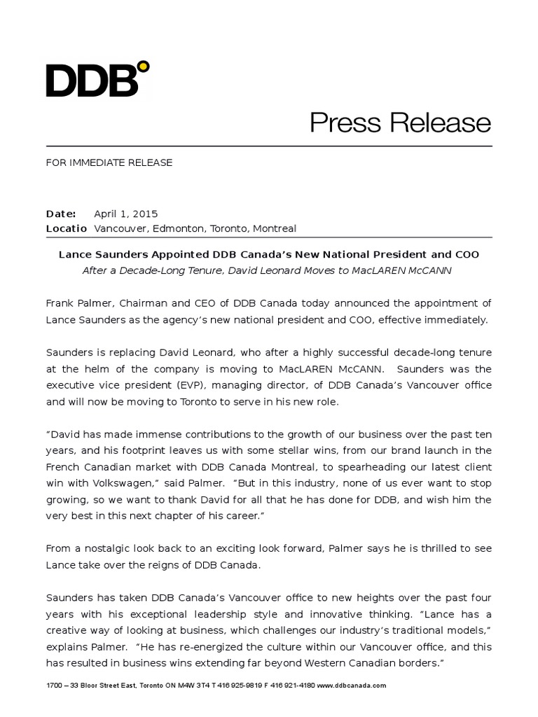 Lance Saunders Appointed DDB Canada's New National President and COO ...