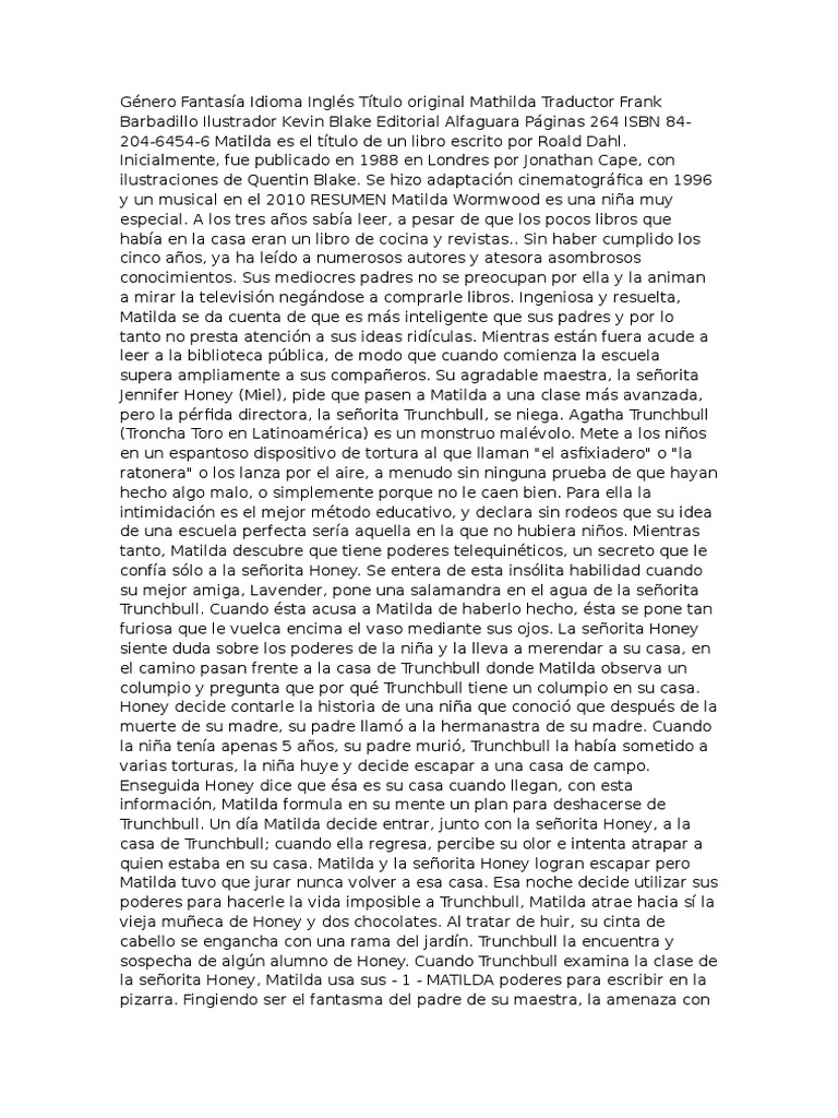 Resumen de Matilda | PDF | Novelas británicas adaptadas a películas ...