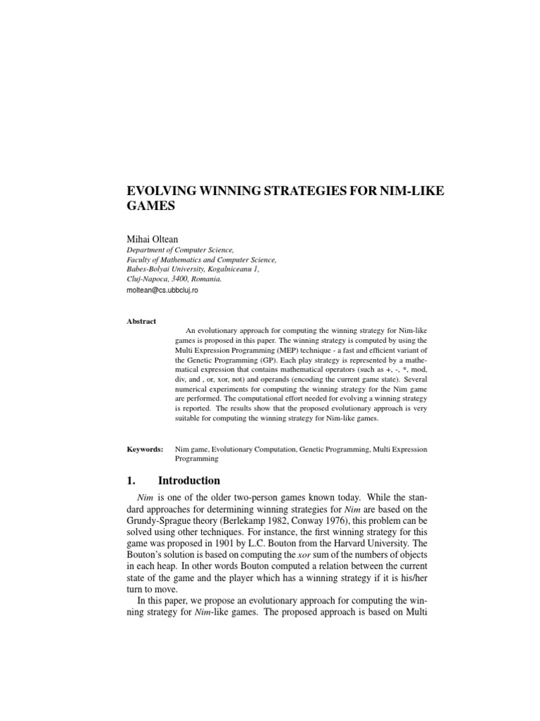 Evolving Winning Strategies For Nim-Like Games | PDF | Subroutine | Computer Programming