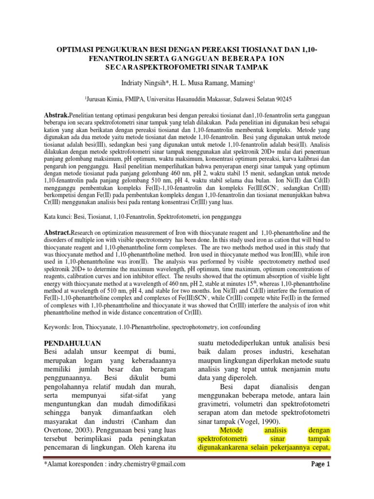 Optimasi Pengukuran Besi Dengan Pereaksi Tiosianat Dan 1,10-Fenantrolin ...