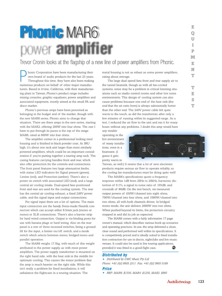 Phonic MAR6 Power Amp Issue 1 | PDF | Amplifier | Electrical Connector