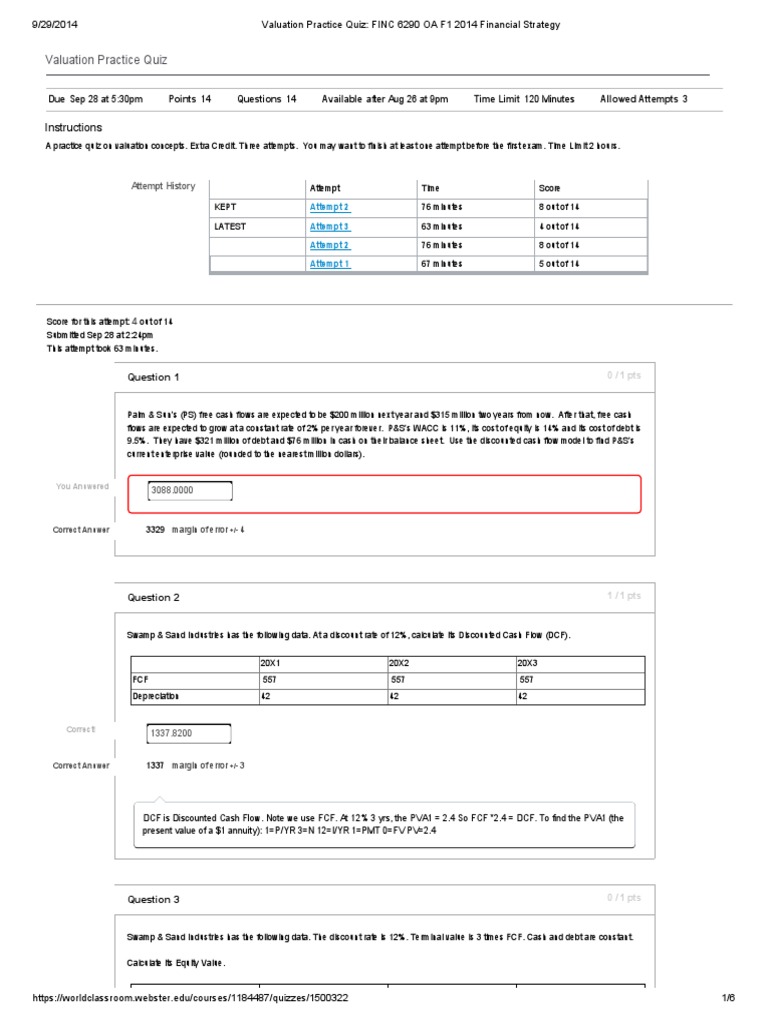 Valuation Practice Quiz | PDF | Discounted Cash Flow | Present Value