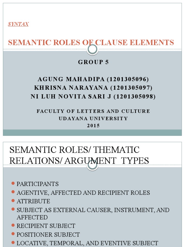 Presentation Semantic Roles SYNTAX | PDF | Subject (Grammar) | Verb