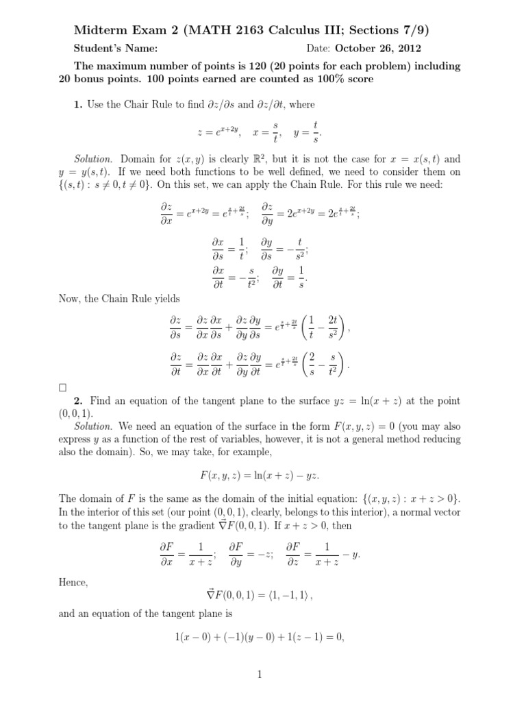 Midterm Exam 2 Math 2163 Calculus Iii Sections 7 9 S T S S T S Pdf Maxima And Minima