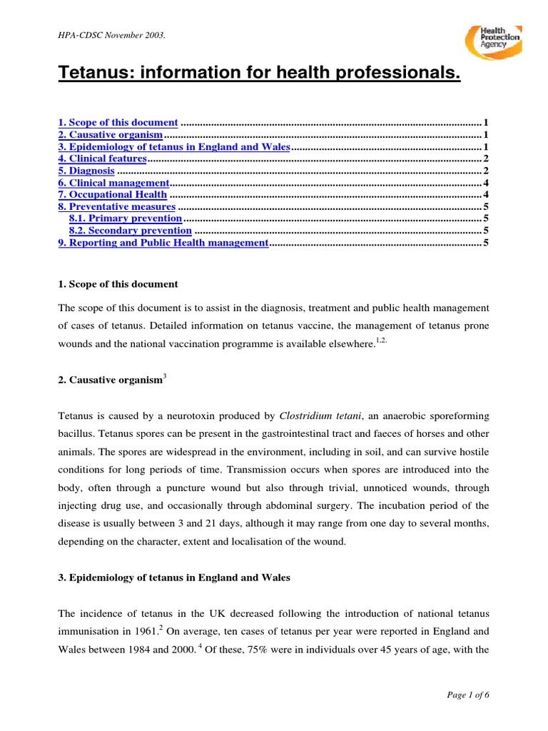 Tetanus: Information For Health Professionals.: HPA-CDSC November 2003 ...