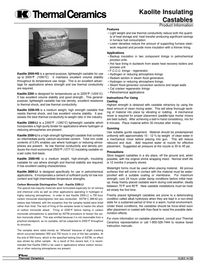 Kaolite Insulating Castables | Refractory | Manmade Materials