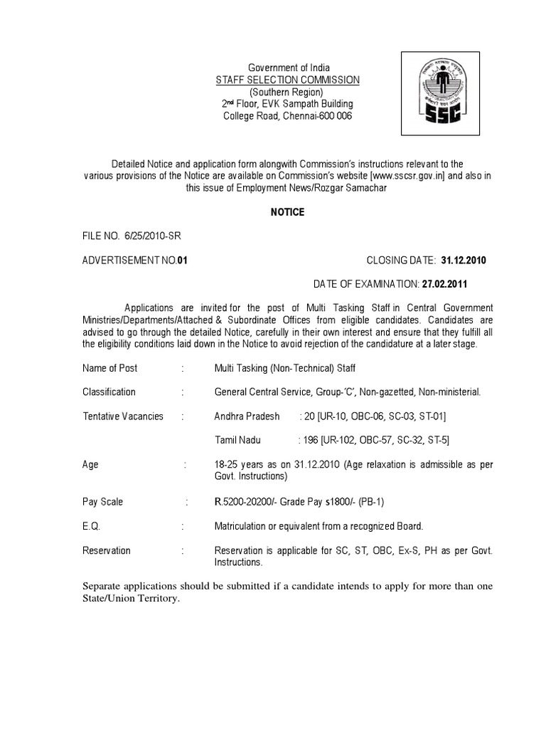 SSC Multi Tasking Staff Recruitment 2010 | PDF | Business | Technology ...