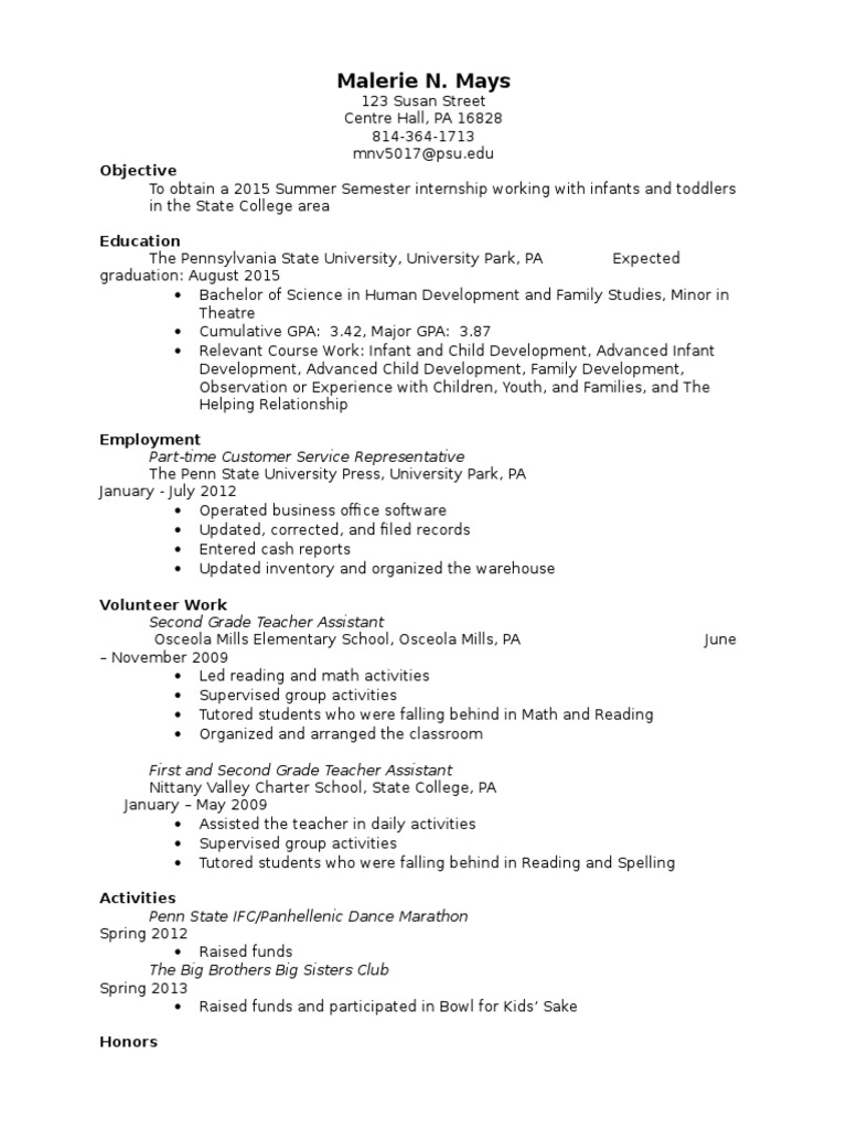 Summer Internship Resume: Child Development | PDF