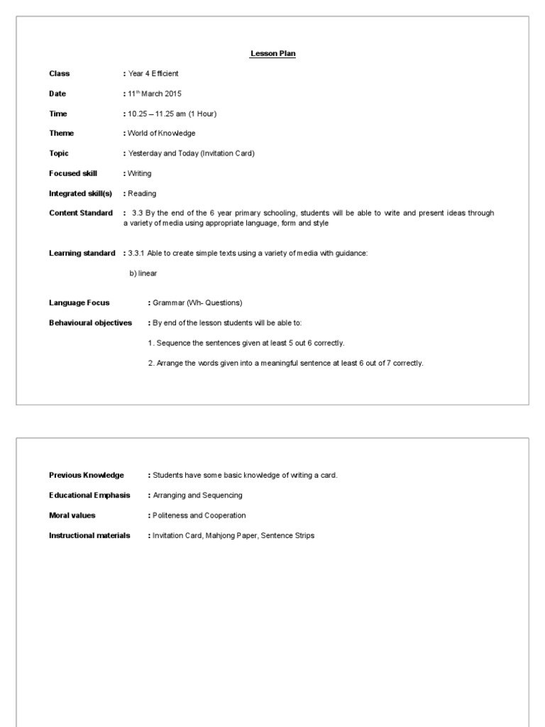 Lesson Plan Writing Unit 3 (Year 4) | PDF | Lesson Plan | Question