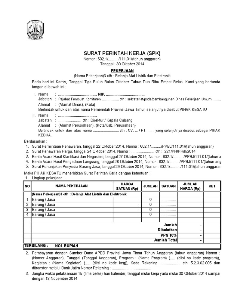 Contoh Surat Perintah Kerja SPK | PDF | Pengelolaan Keuangan & Uang