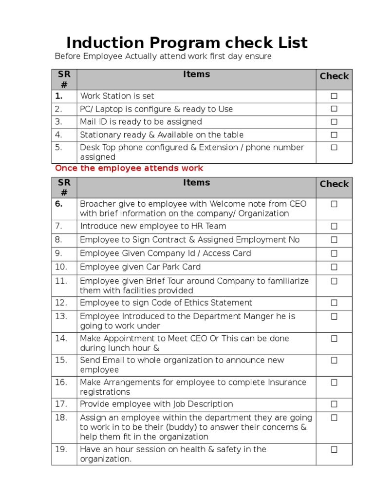 Induction Program Checklist for New Employees | PDF | Finance & Money ...