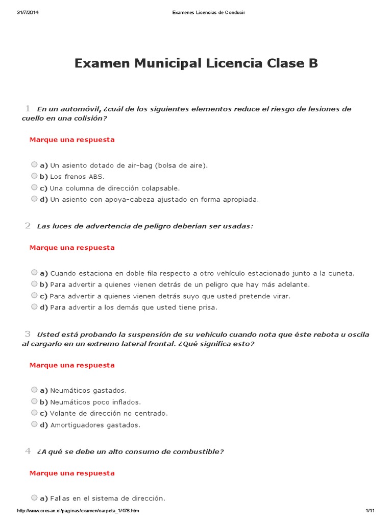 Examen Teórico Licencia Clase D | PDF | Airbag | Calle