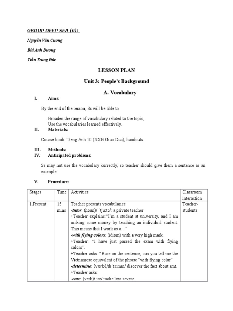 Lesson Plan Unit 3: People's Background A. Vocabulary: I. Aims | PDF ...