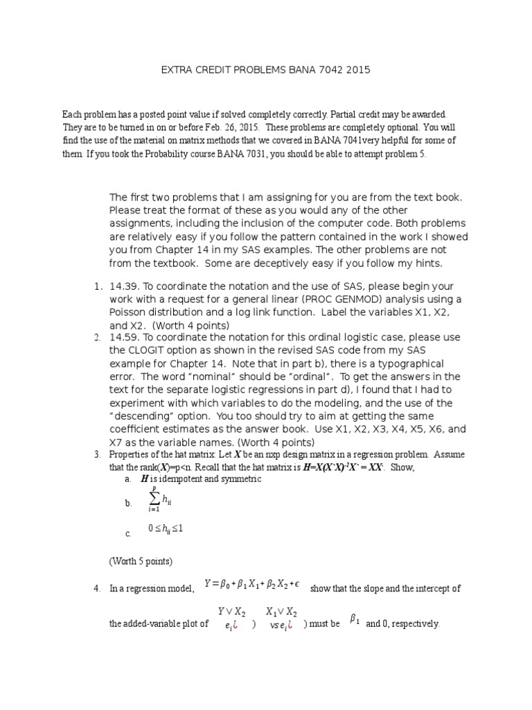 Extra Credit Problems For The Optional Final Exam | PDF | Regression ...