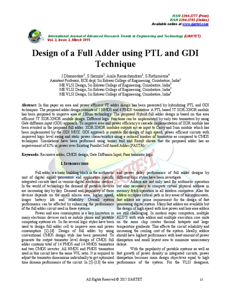 Design of A Full Adder Using PTL and GDI Technique | PDF | Cmos ...