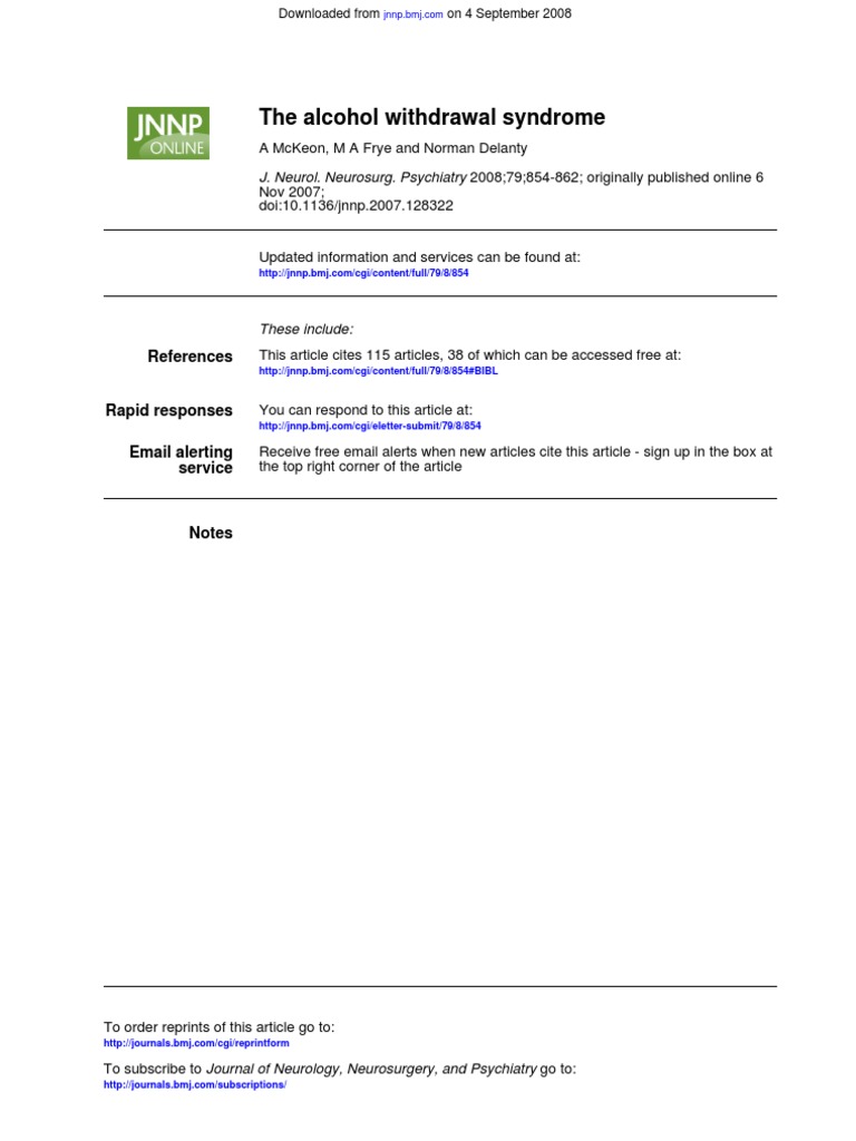 The Alcohol Withdrawal Syndrome: J. Neurol. Neurosurg. Psychiatry | PDF | Alcoholism ...
