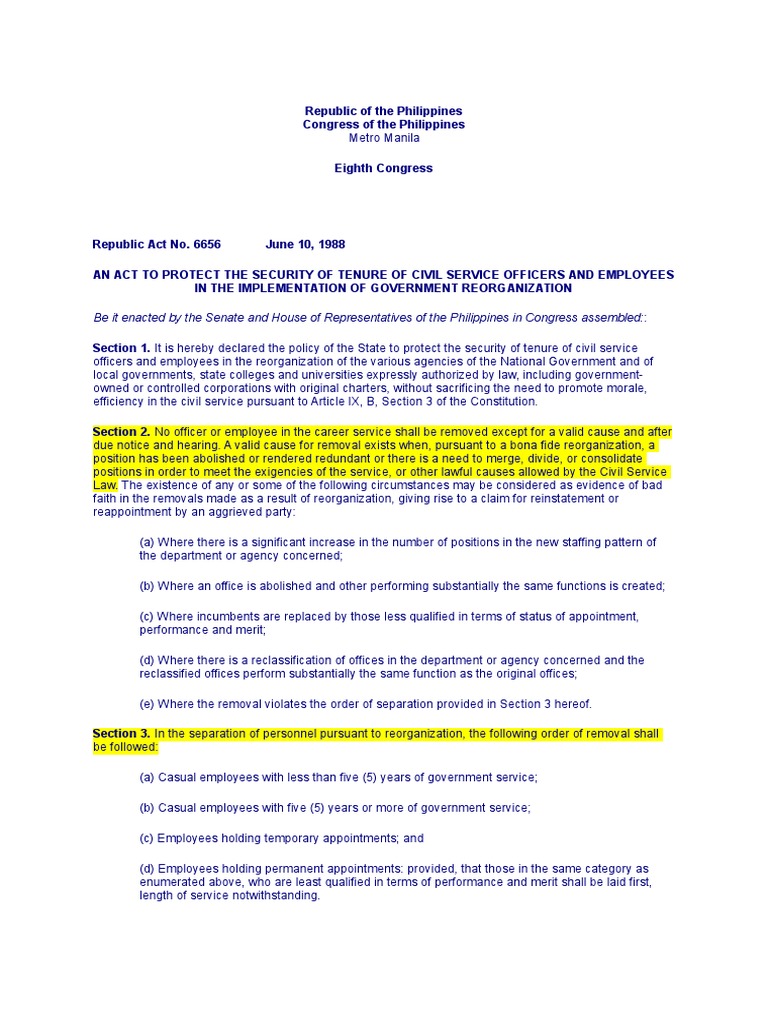 RA 6656 Security of Tenure | PDF | United States Congress | American ...