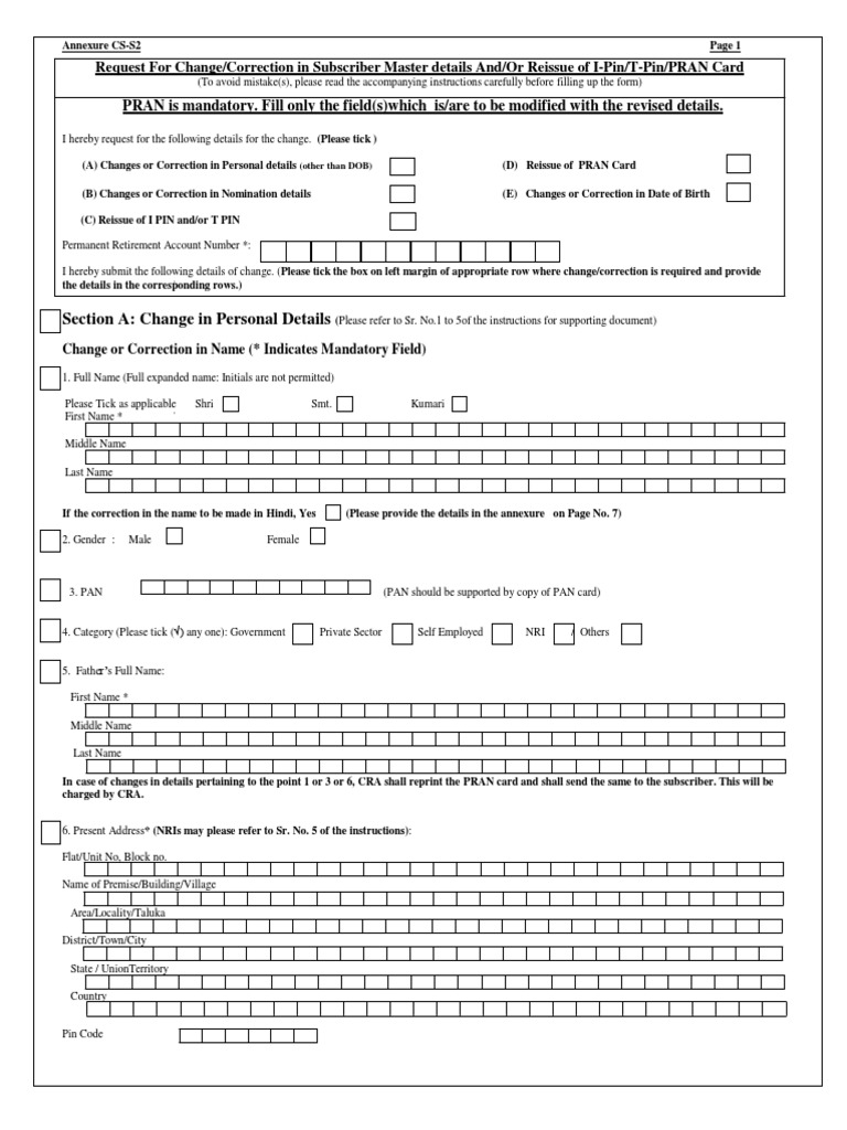 NPS Subscriber Details Correction Form | PDF | Identity Document ...
