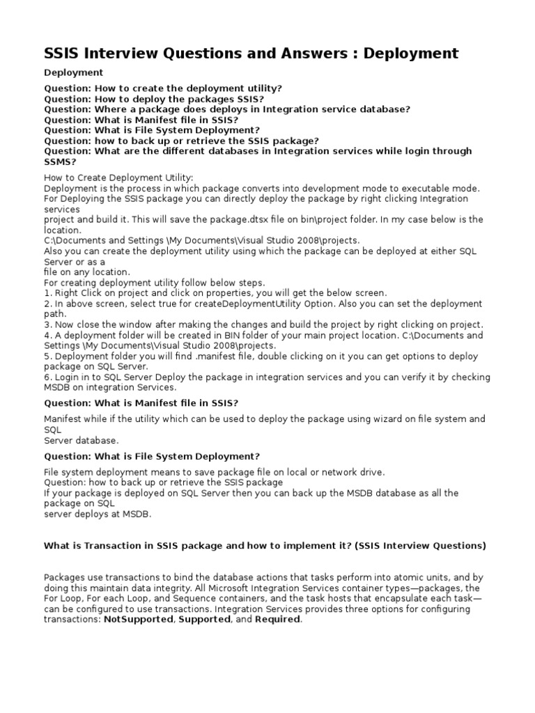 SSIS Interview Questions and Answers: Deployment | PDF | Database Transaction | Control Flow