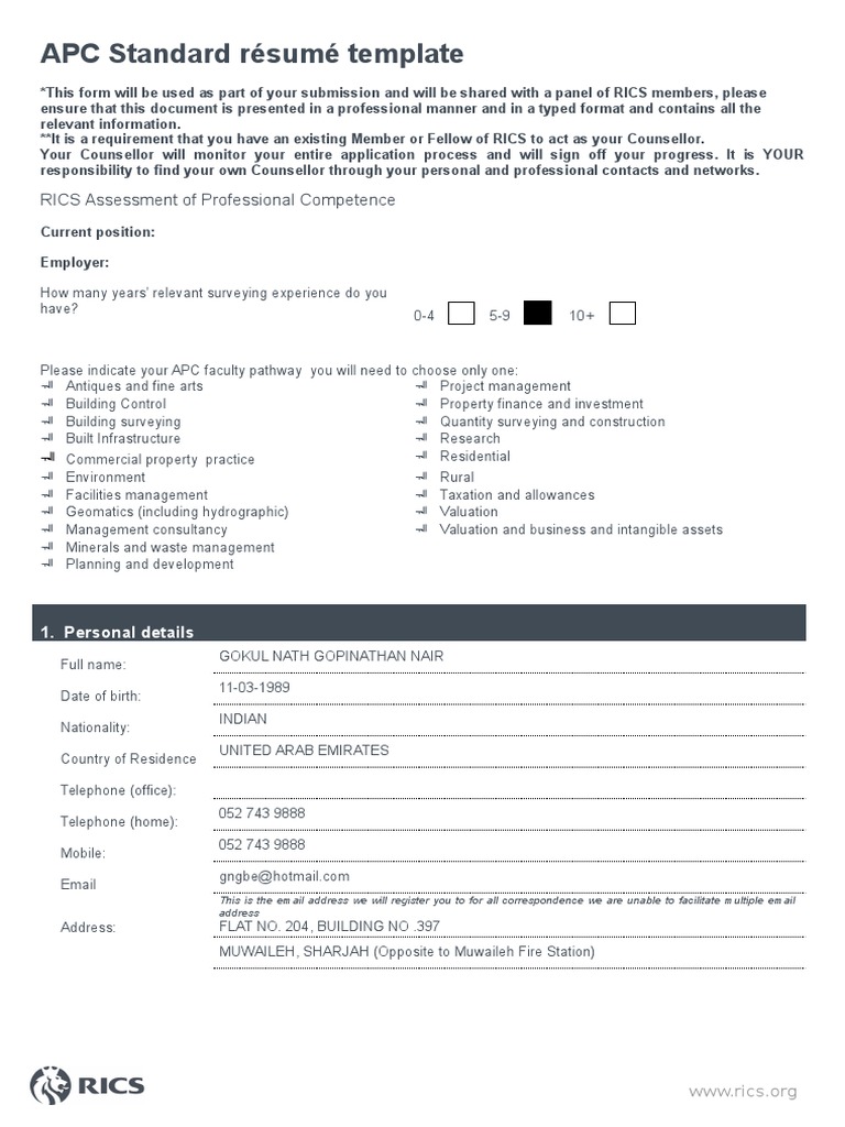 APC Standard Résumé Template: RICS Assessment of Professional ...