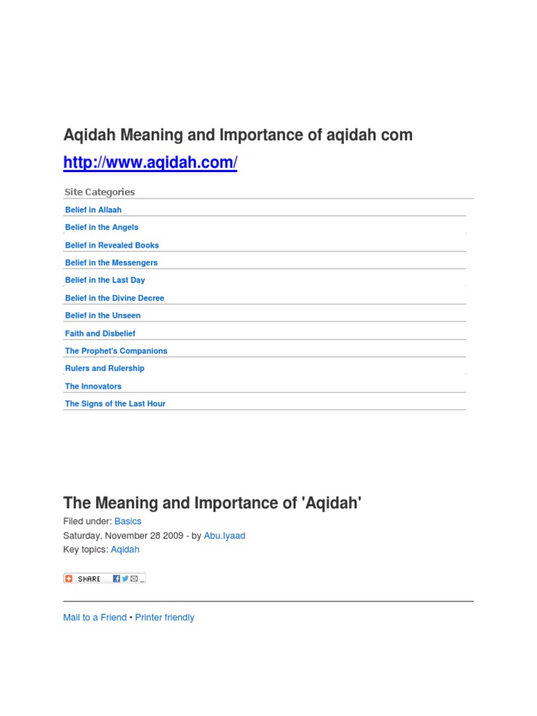 Aqidah Meaning and Importance of Aqidah Com | PDF | Tawhid | Prophets ...