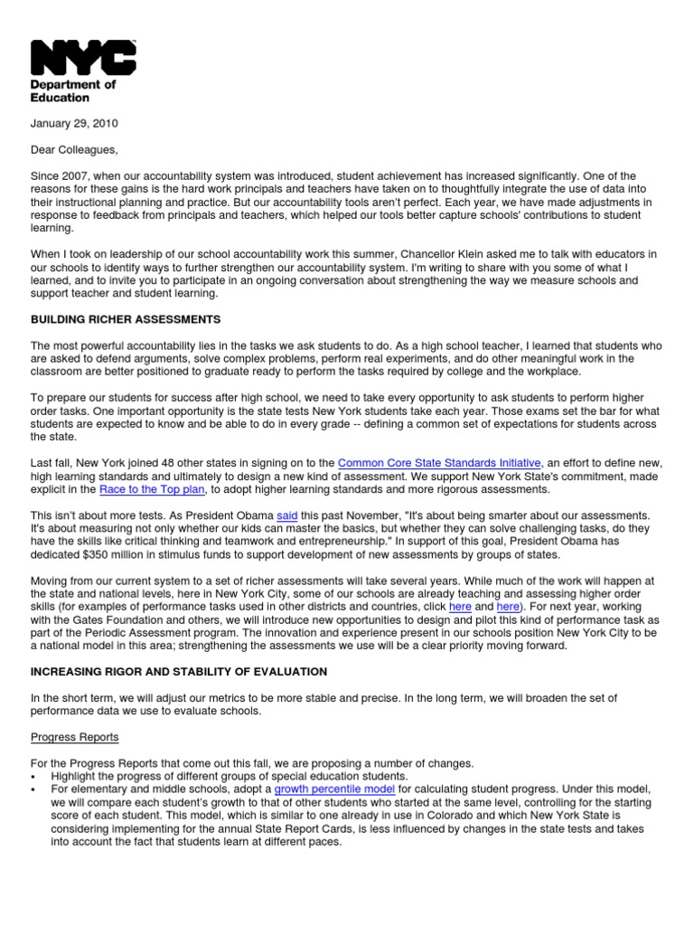 DOE - Progress Report Changes | PDF | Regents Examinations | Teachers