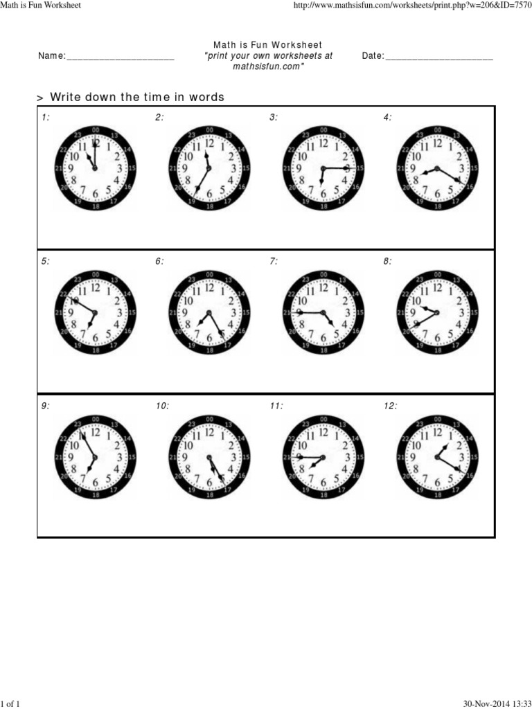 Write Down The Time in Words: "Print Your Own Worksheets at | PDF