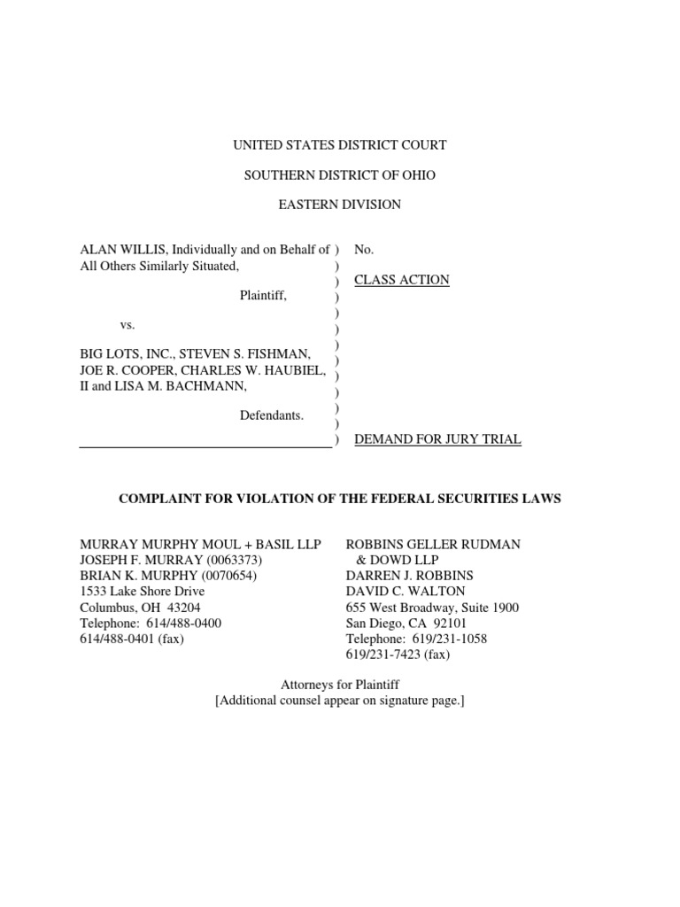 Big Lots Securities Class Action Complaint | PDF | Sec Rule 10b 5 | Retail