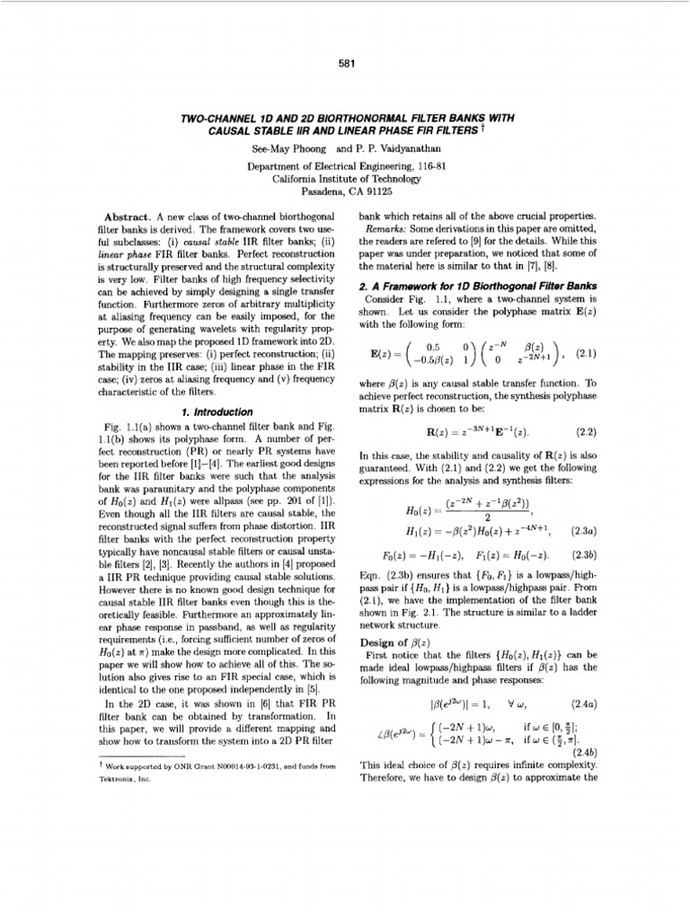 Two-Channel 1D and 20 Biorthonormal Filter Banks With Causal Stable Iir ...