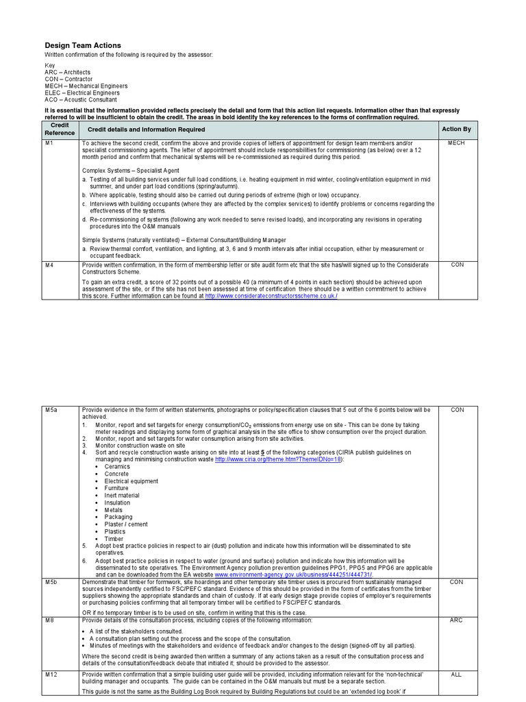 BREEAM Design Team Action Checklist | PDF | Recycling | Lighting