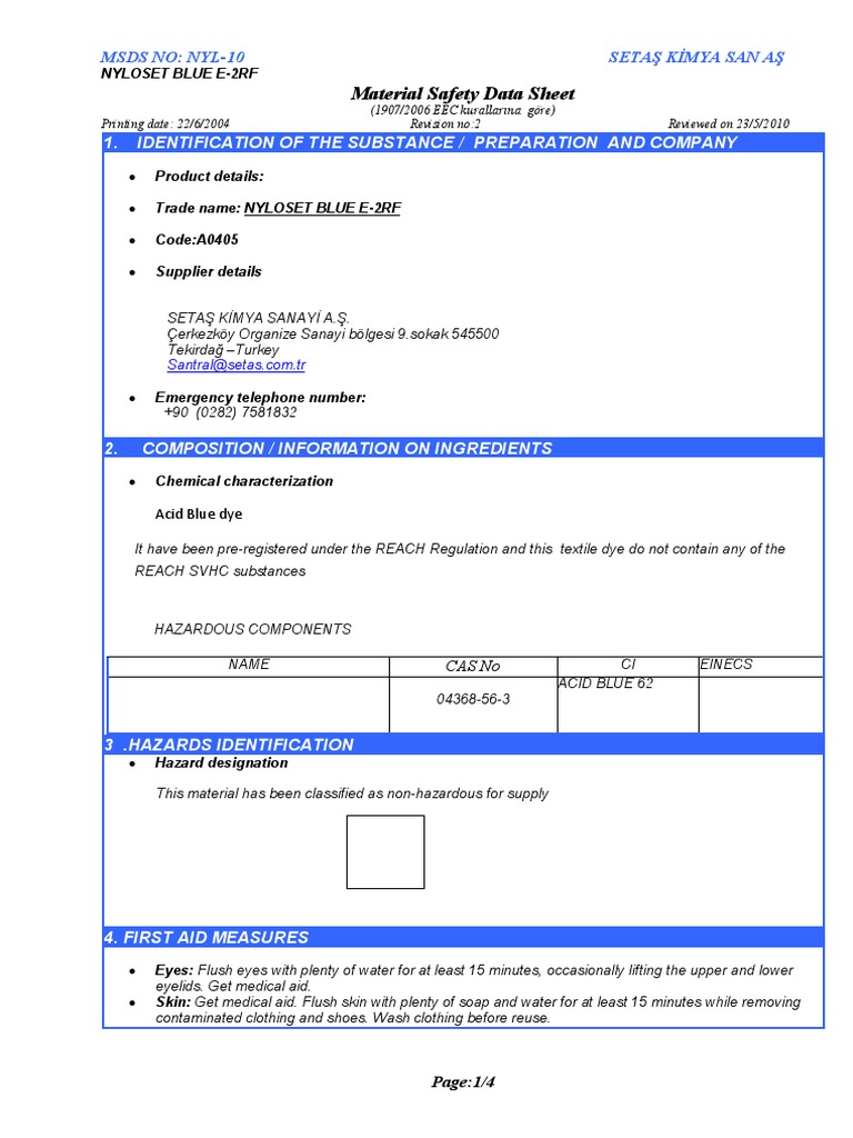 MSDS Blue Dye Safety Data | PDF | Personal Protective Equipment ...