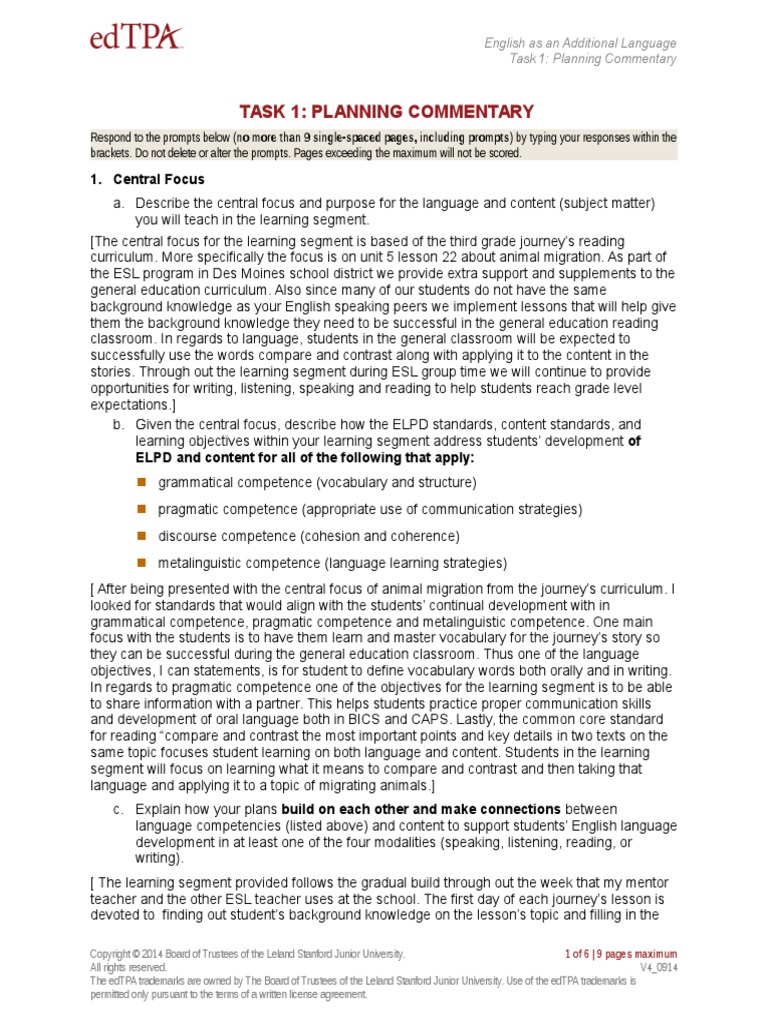 KeKwKKKT EdTPA EAL Planning Commentary | PDF | English As A Second Or ...