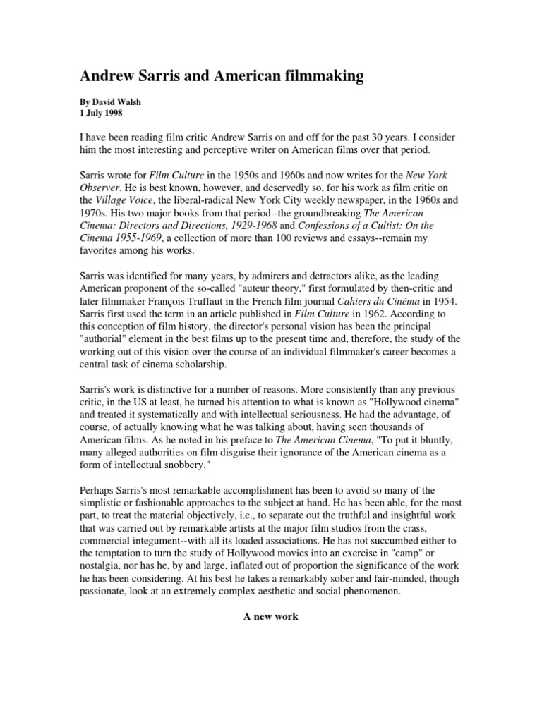 Andrew Sarris and American Filmmaking | PDF | Cinema | Leisure