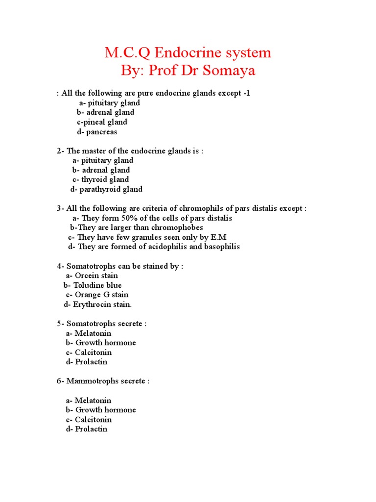 MCQ (Endocrine) | PDF | Adrenal Gland | Endocrine System