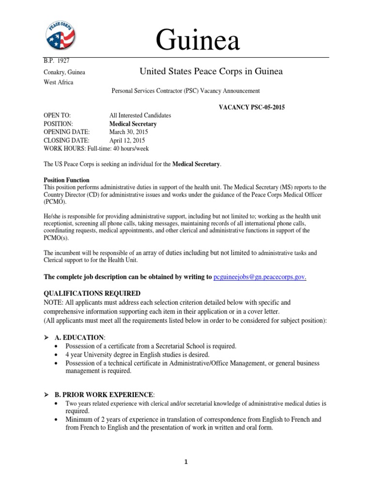 Peace Corps Medical Secretary | PDF | Résumé | Secretary