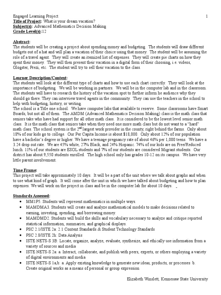 Dream Vacation Budgeting Project | PDF | Teaching Mathematics | Classroom